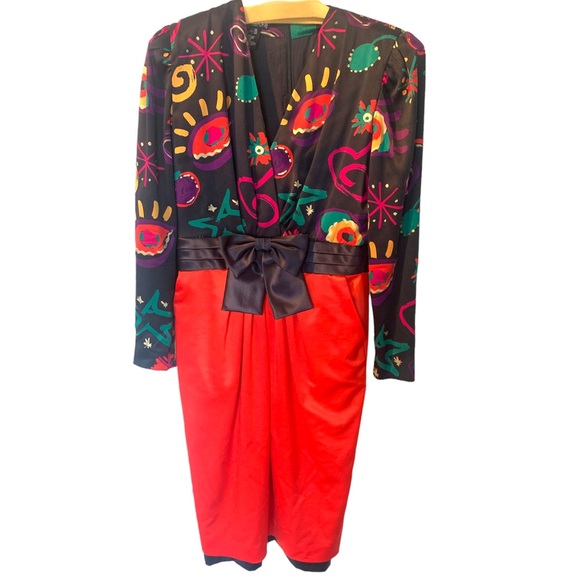 Escada | Dresses | Vtg 8s Escada Silk Formal Red Black Bow Party Dress ...